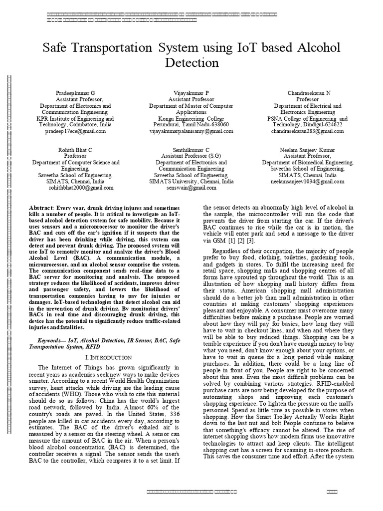 Safe Transportation System Using IoT Based Alcohol Detection | PDF