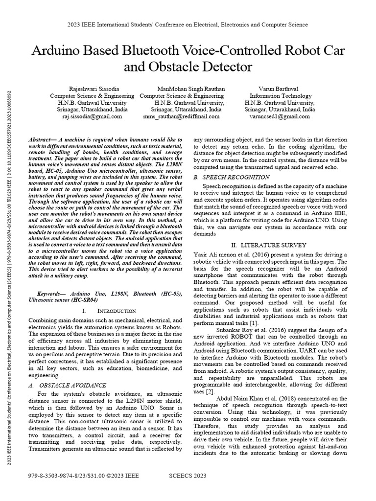 Arduino Based Bluetooth Voice-Controlled Robot Car and Obstacle Detector | PDF