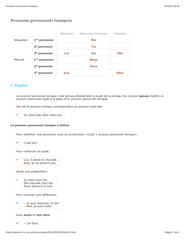 11.02 Pronoms Personnels Toniques | PDF