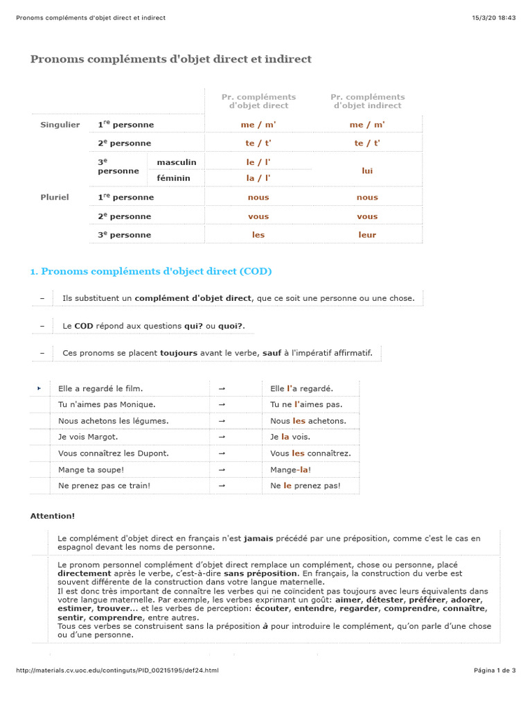 11.03 Pronoms Compléments D'objet Direct Et Indirect | PDF