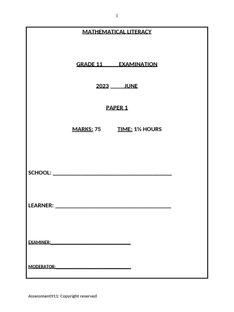 2023 Term 2 Mathematical Literacy Grade 11 Paper 1 | PDF