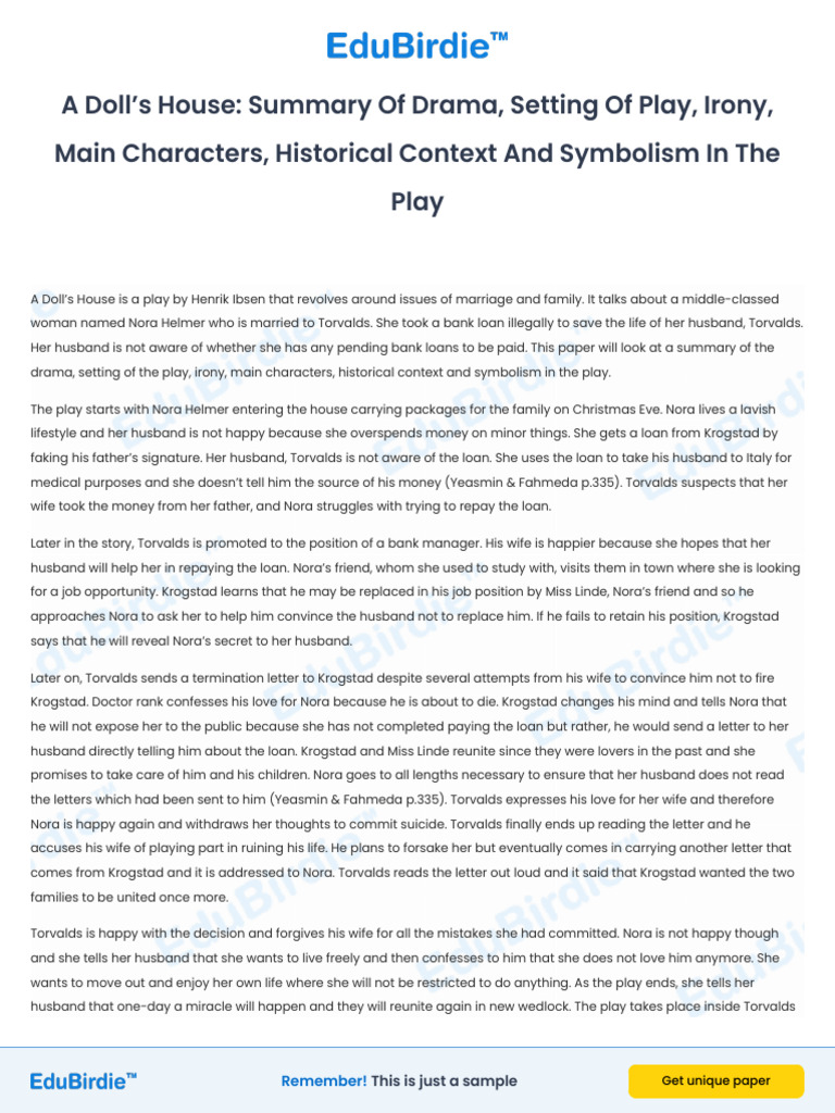 A Doll's House Summary of Drama, Setting of Play, Irony, Main ...