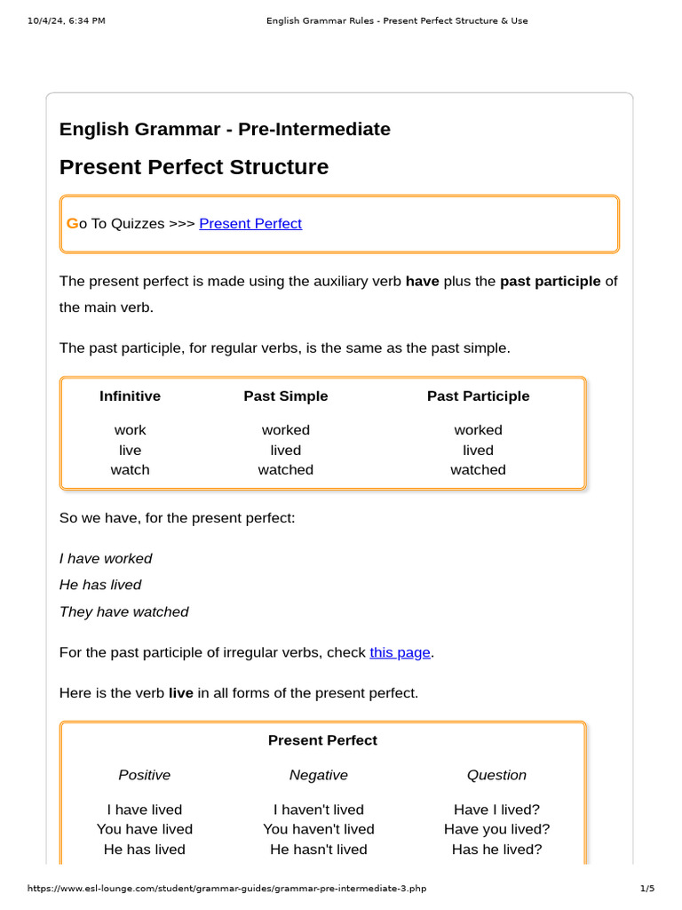 English Grammar Rules - Present Perfect Structure & Use | PDF