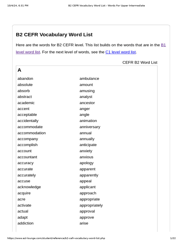 B2 CEFR Vocabulary Word List - Words For Upper Intermediate | PDF