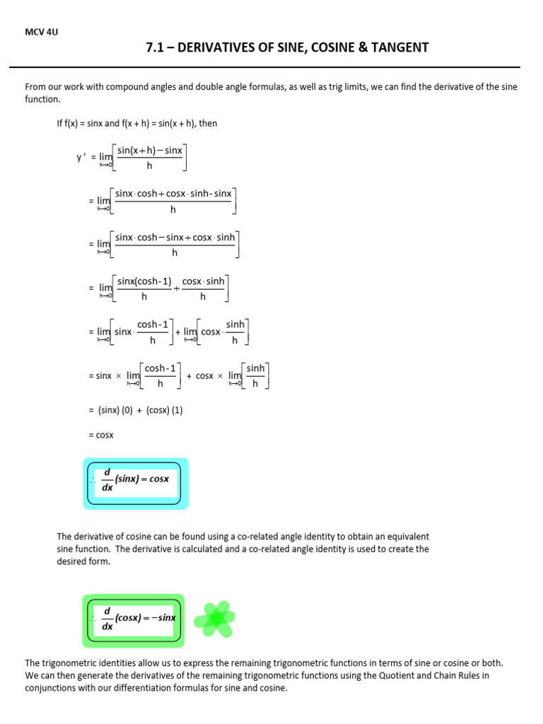 7.1 - Derivatives of Sine, Cosine, Tangent | PDF
