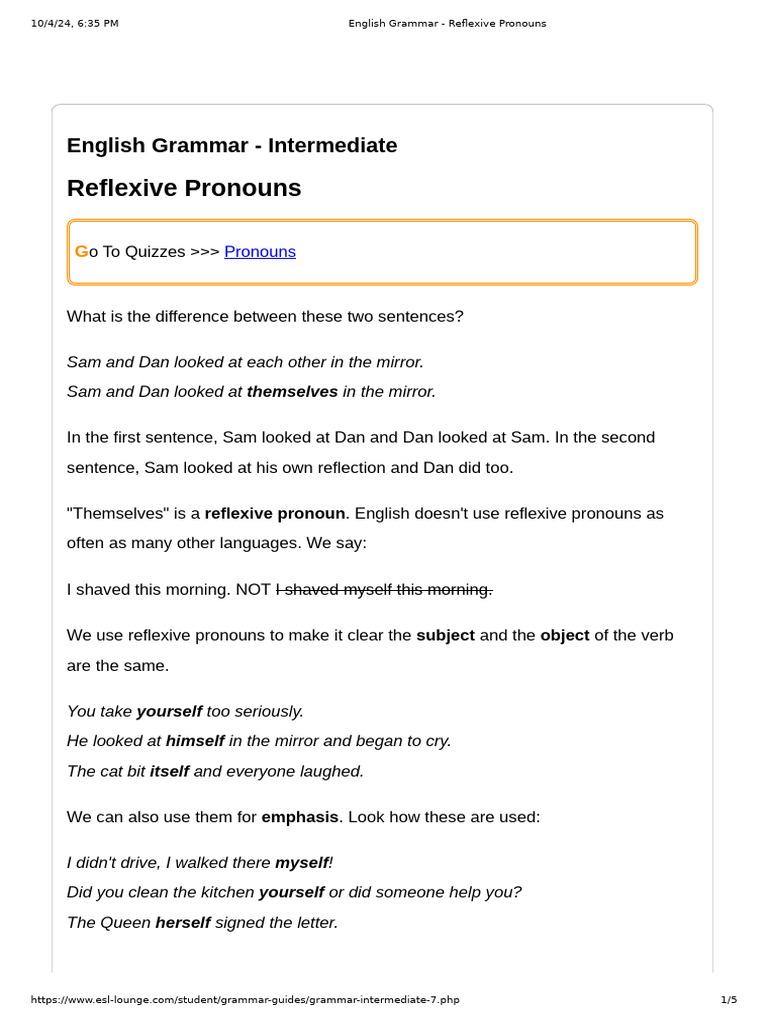 English Grammar - Reflexive Pronouns | PDF