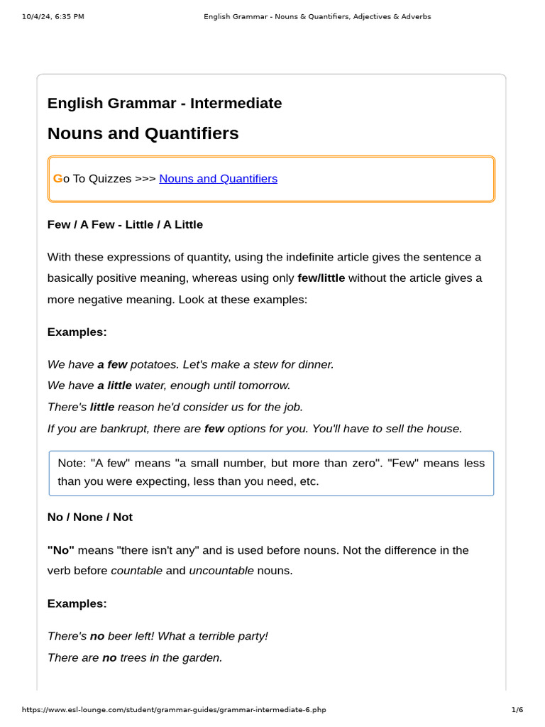 English Grammar - Nouns & Quantifiers, Adjectives & Adverbs | PDF