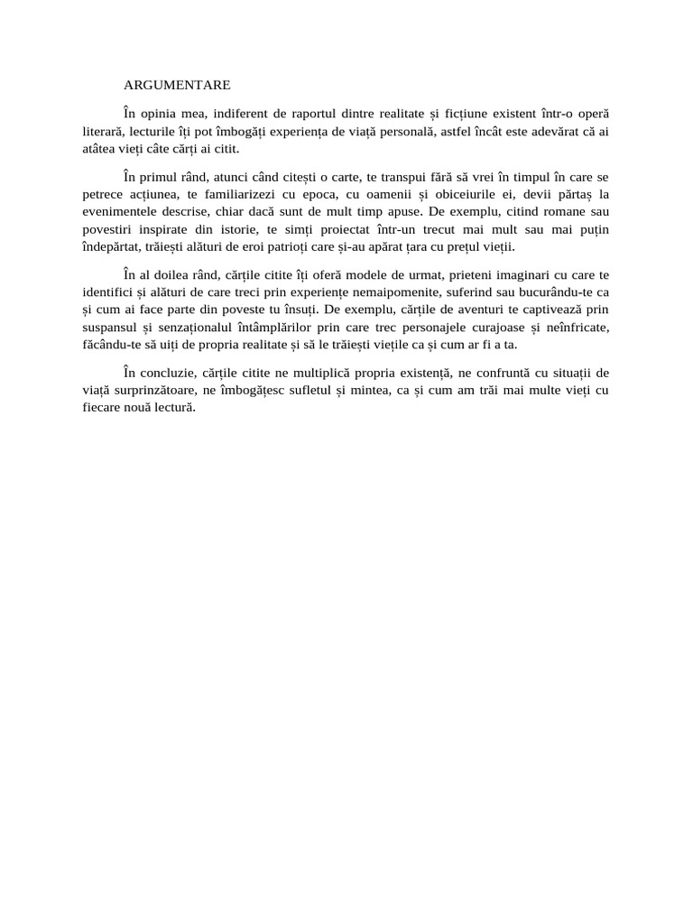 ARGUMENTARE - Rolul Lecturii | PDF