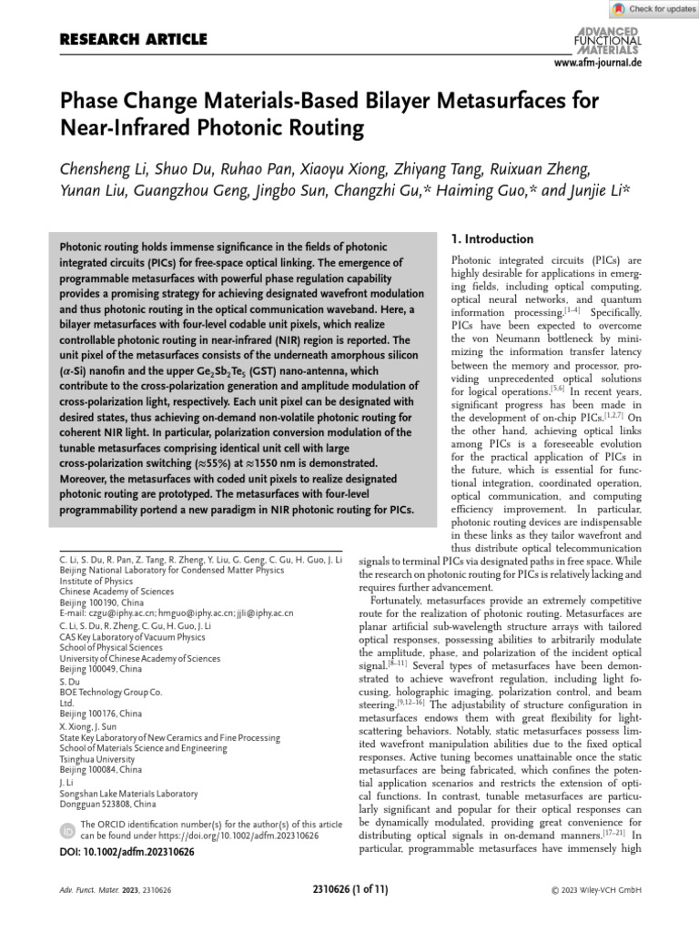 Phase Change Materials-Based Bilayer Metasurfaces For NIR | PDF