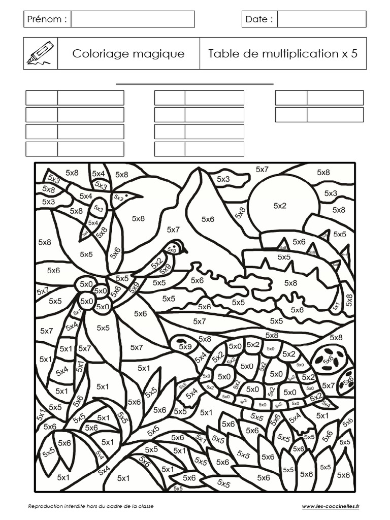 Coloriage Magique Tortue Table Multiplication x5 | PDF