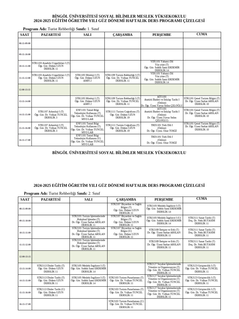 Turist Rehberligi Guz Donemi Ders Programi | PDF