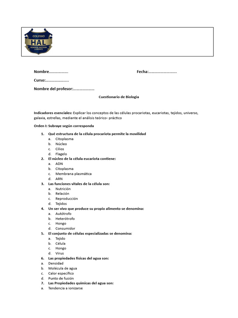 Cuestionario de Biologìa | PDF