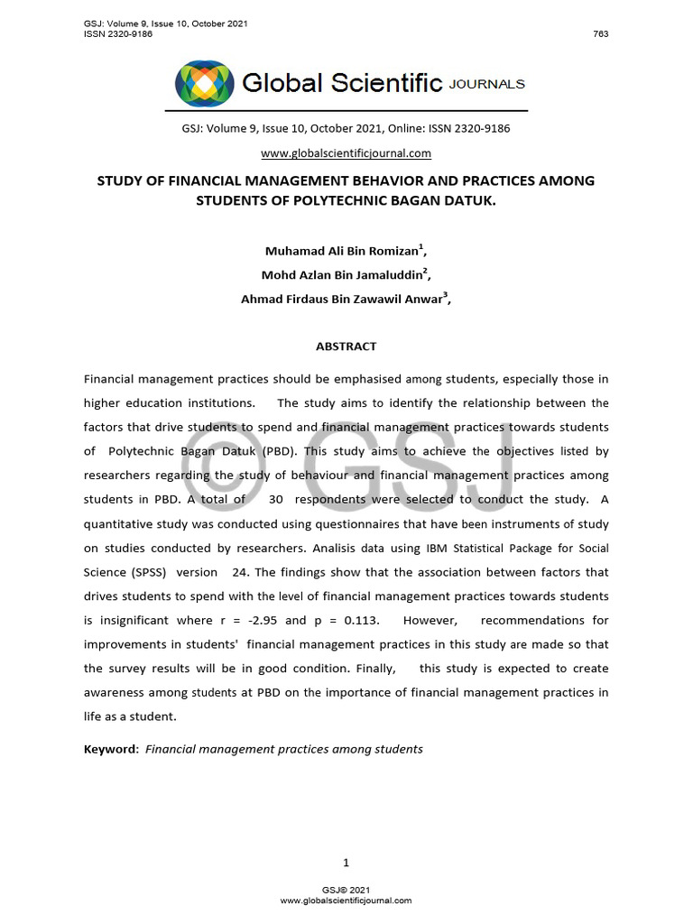 Study of Financial Management Behavior and Practices Among Students of ...