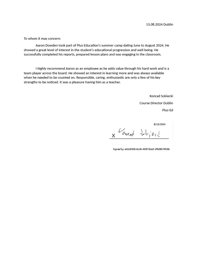 Aaron Letter of Reommendation | PDF