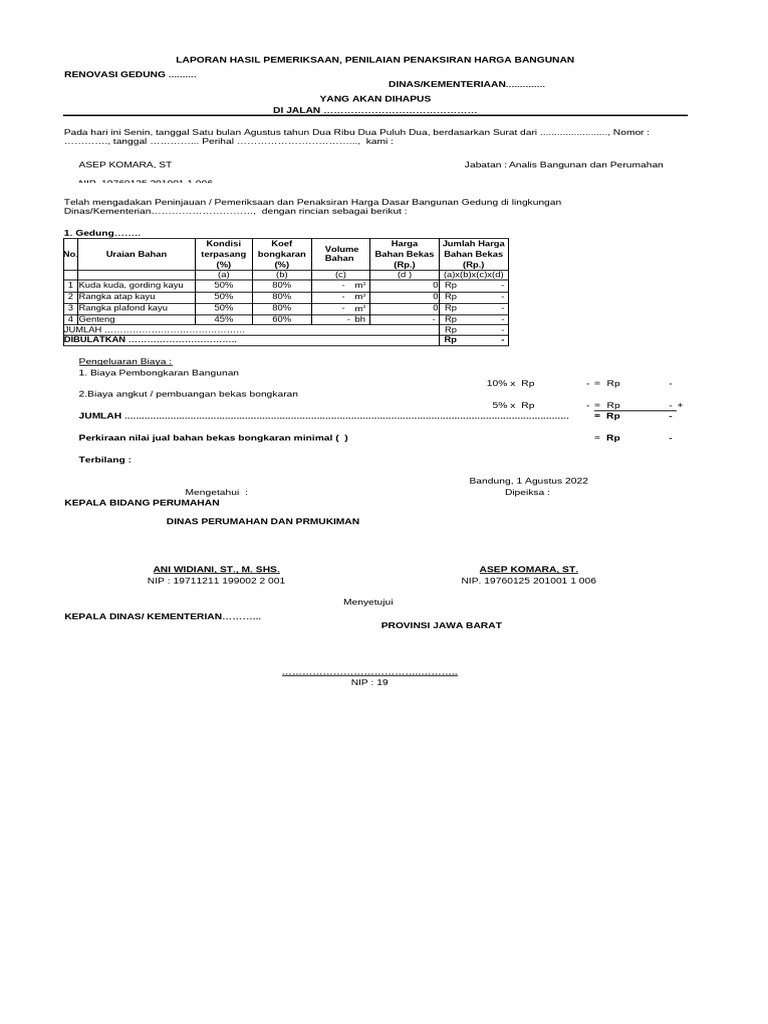 Format Penilaian Bongkaran Bangunan Untuk Renovasi | PDF