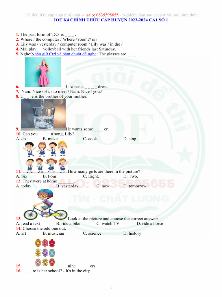 Ioe k4 Chính Thức Huyện 2023-2024 | PDF