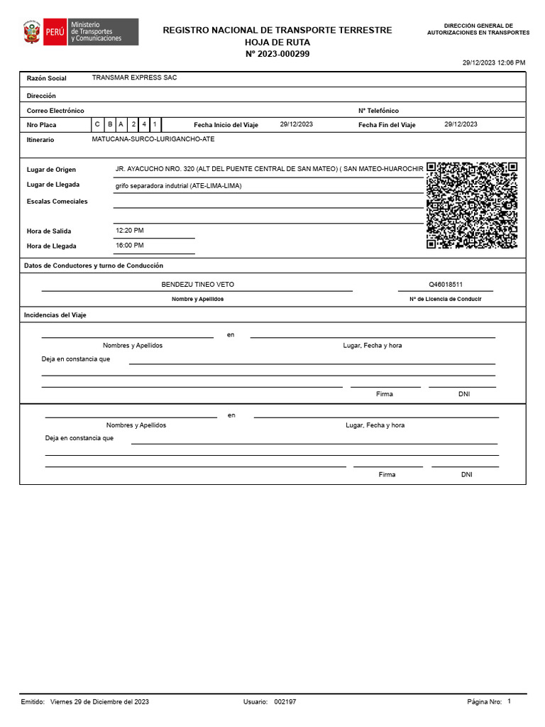 Registro Nacional de Transporte Terrestre Hoja de Ruta #2023-000299 | PDF