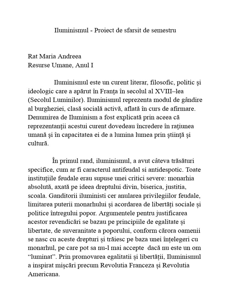 Iluminismul - Proiect de Sfarsit de Semestru . | PDF
