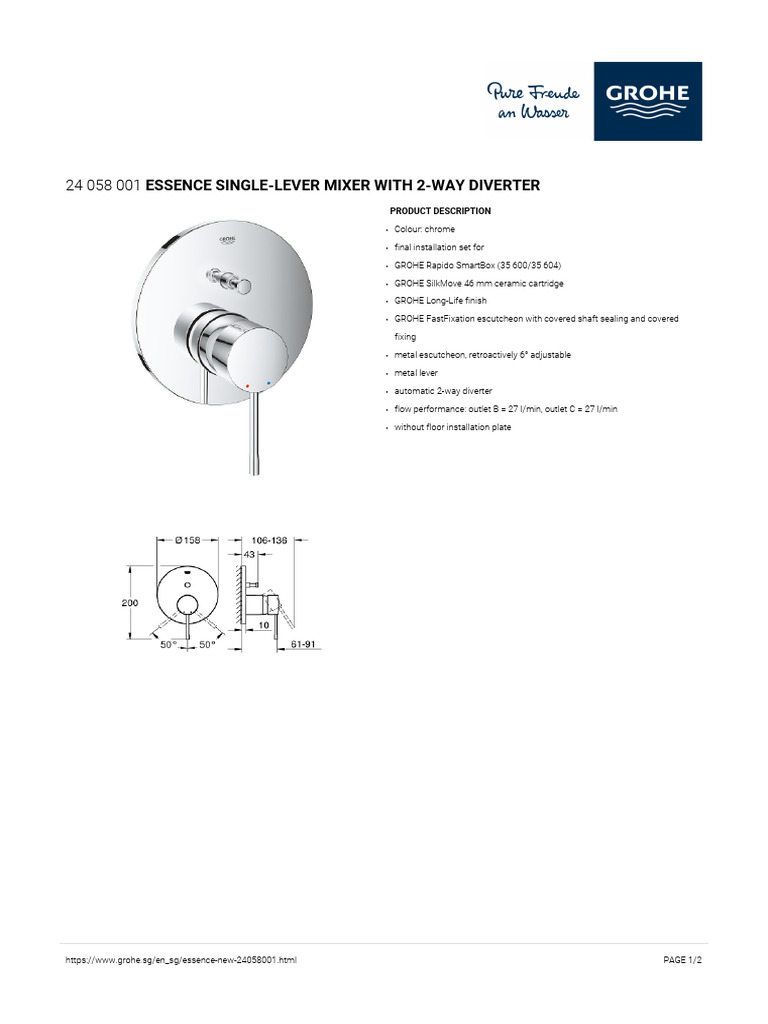 GROHE Specification Sheet 24058001 | PDF