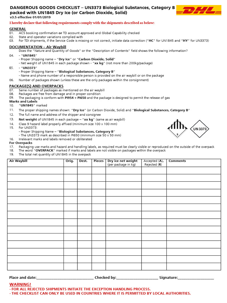 Checklist Dry Ice + UN3373 Multiple 2019 | PDF