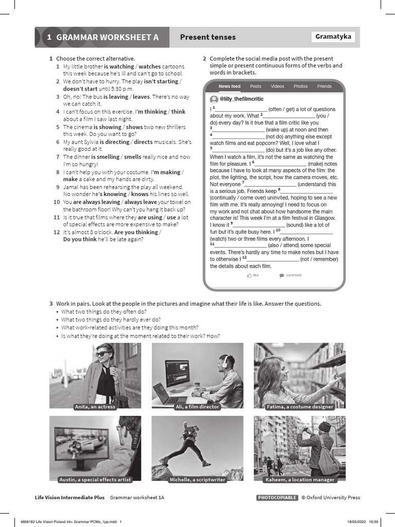 Life Vision Int Plus Gram Worksheet A U1 | PDF