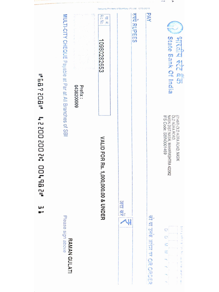 Raman Gulati Sbi CHQ Book | PDF