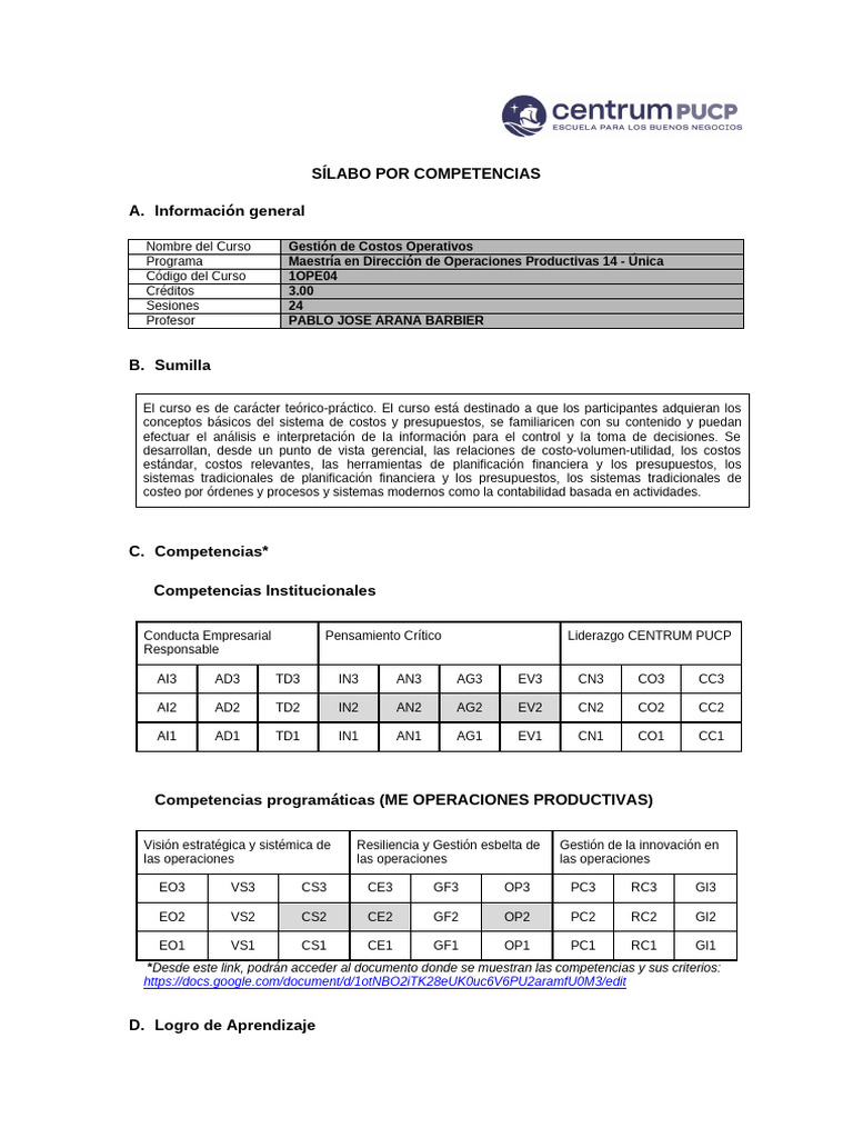0 - 231019 - Sílabo Gestión de Costos Operativos | PDF | Evaluación | Contabilidad