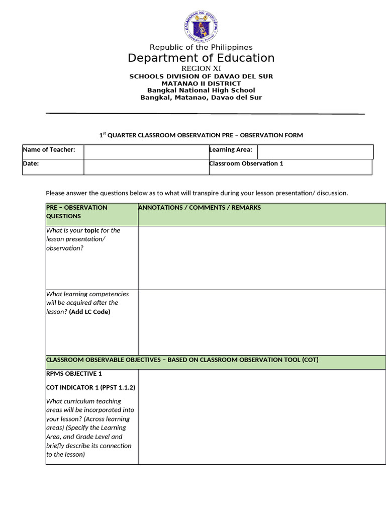PRE OBSERVATION CHECKLIST Teacher I III BNHS | PDF | Educational Technology | Learning