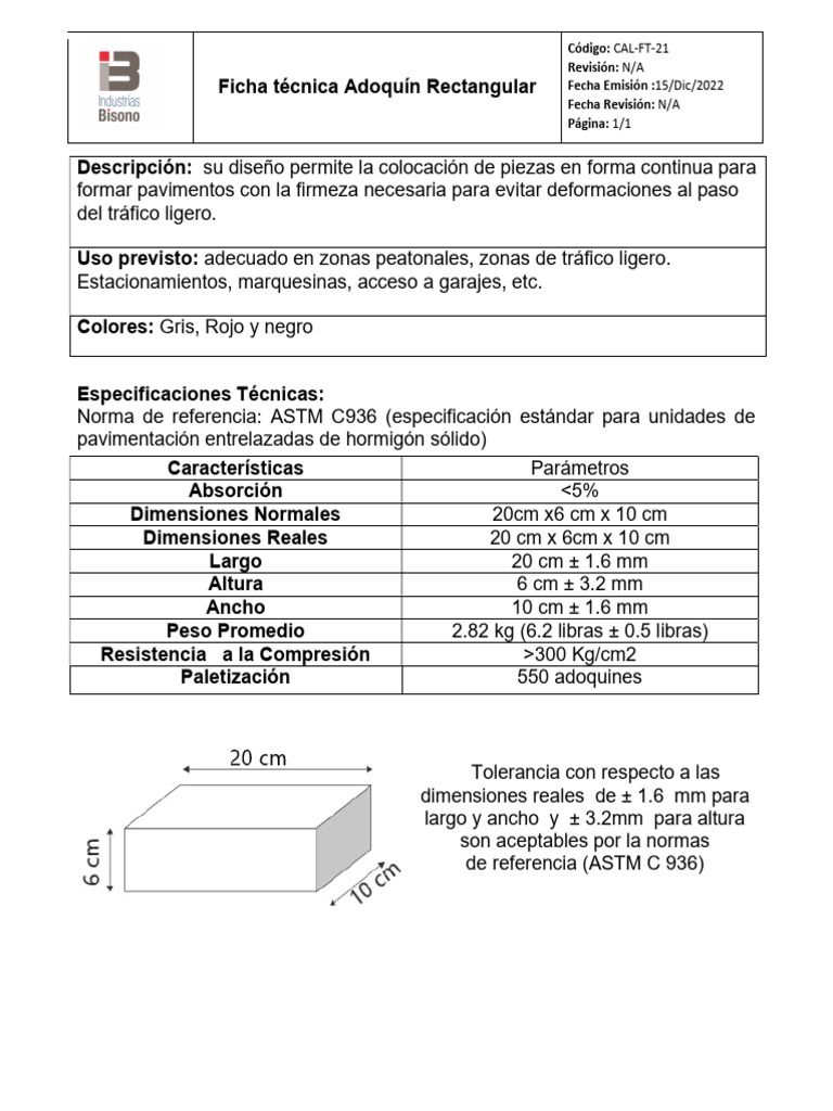 ficha tecnica adoquin Rectangular[1] | PDF