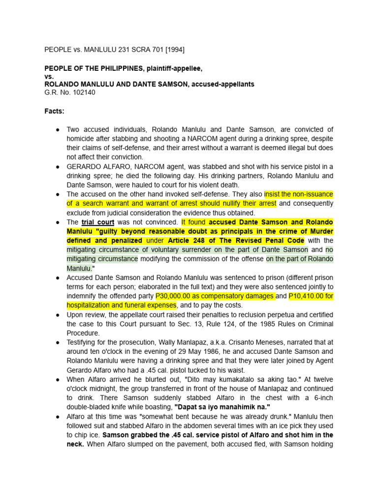 People vs. Manlulu 231 Scra 701 (1994) | PDF | Search Warrant | Law