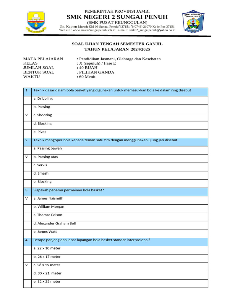 SOAL PJOK Kelas X Mid Ganjil Tahun 2024-2025 | PDF