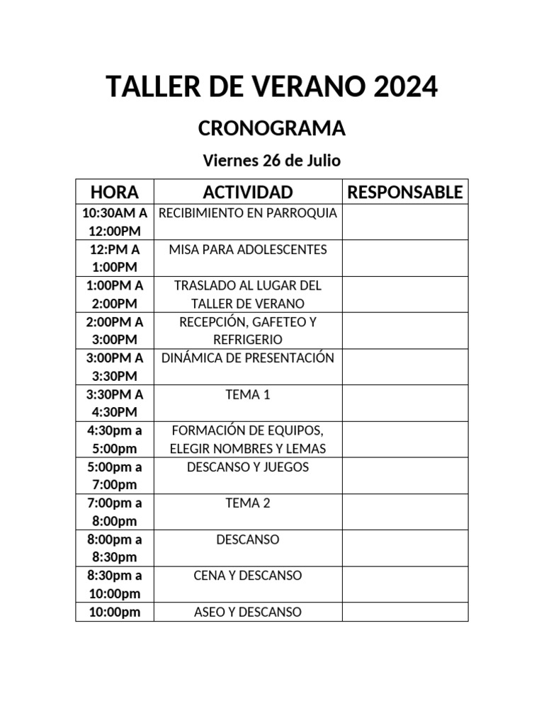 Cronograma Taller de Verano | PDF