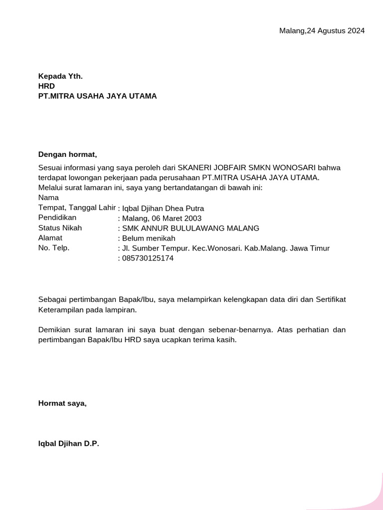 Lamaran Kerja Iqbal Djihan D.P. PT - Mitra Usaha Jaya Utama | PDF