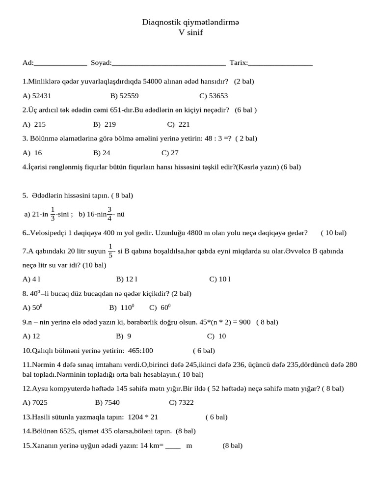 Diaqnostik 5 Ci Sinif 2 | PDF