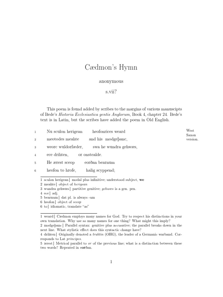 Cædmon’s Hymn: Old English Poem Analysis | PDF