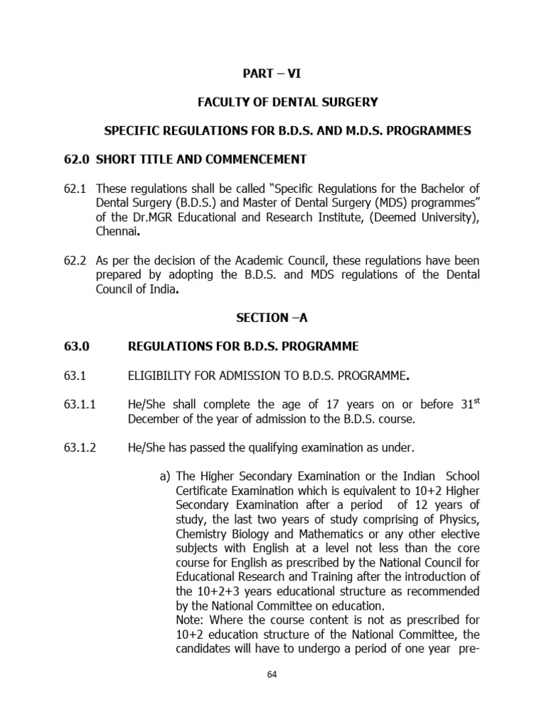 Part - VI Section A | PDF | Dental Degree | University And College Admission