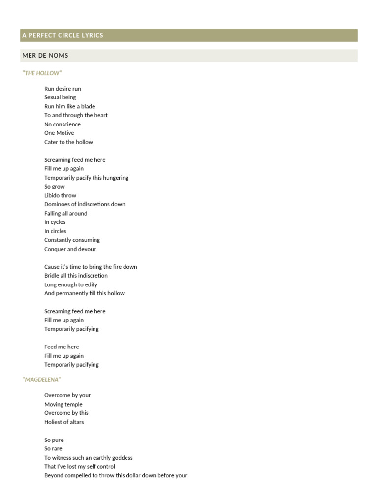 A Perfect Circle Lyrics Pdf