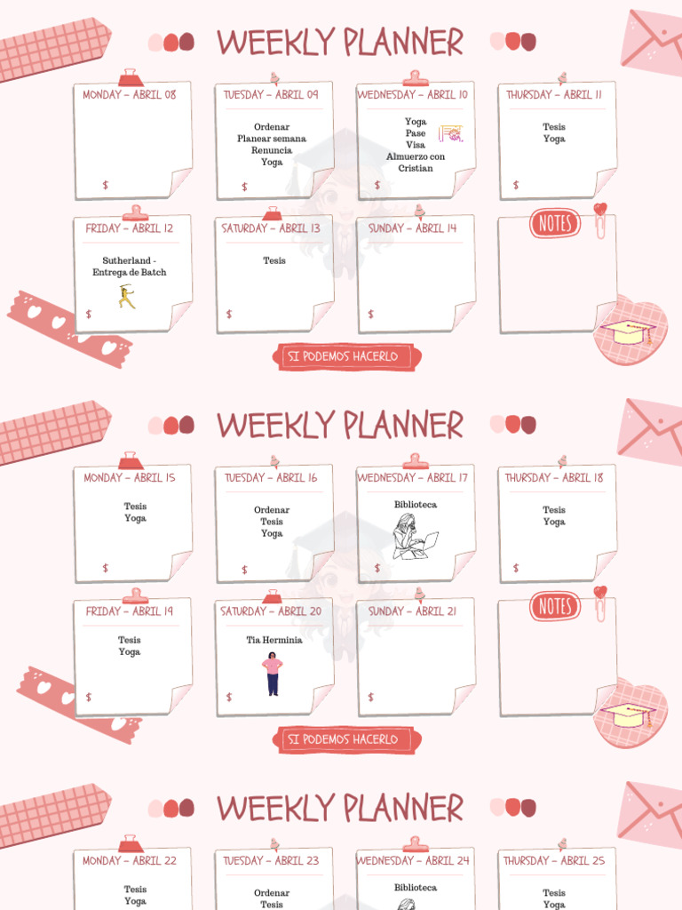 Pink Illustration Cute Weekly Calendar | PDF
