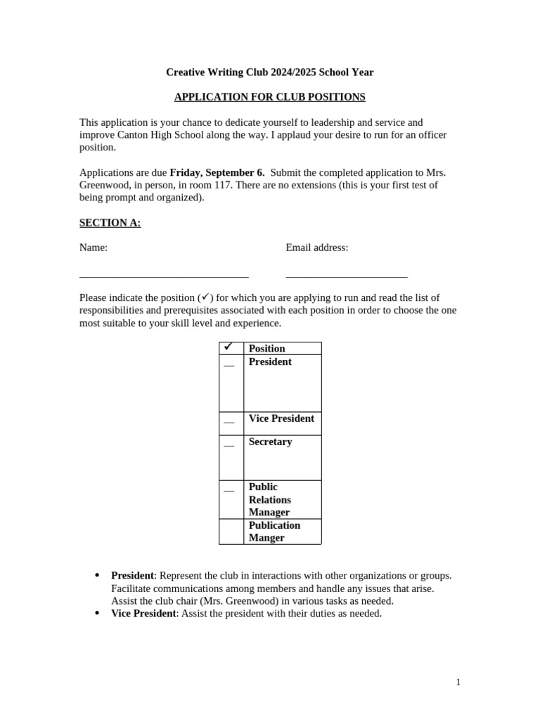 Creative Writing Club Officer Application | PDF