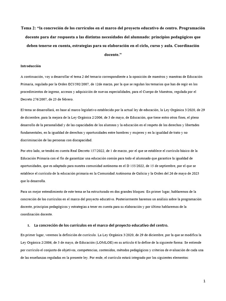 Tema 2 OPOSICIONES PRIMARIA | PDF