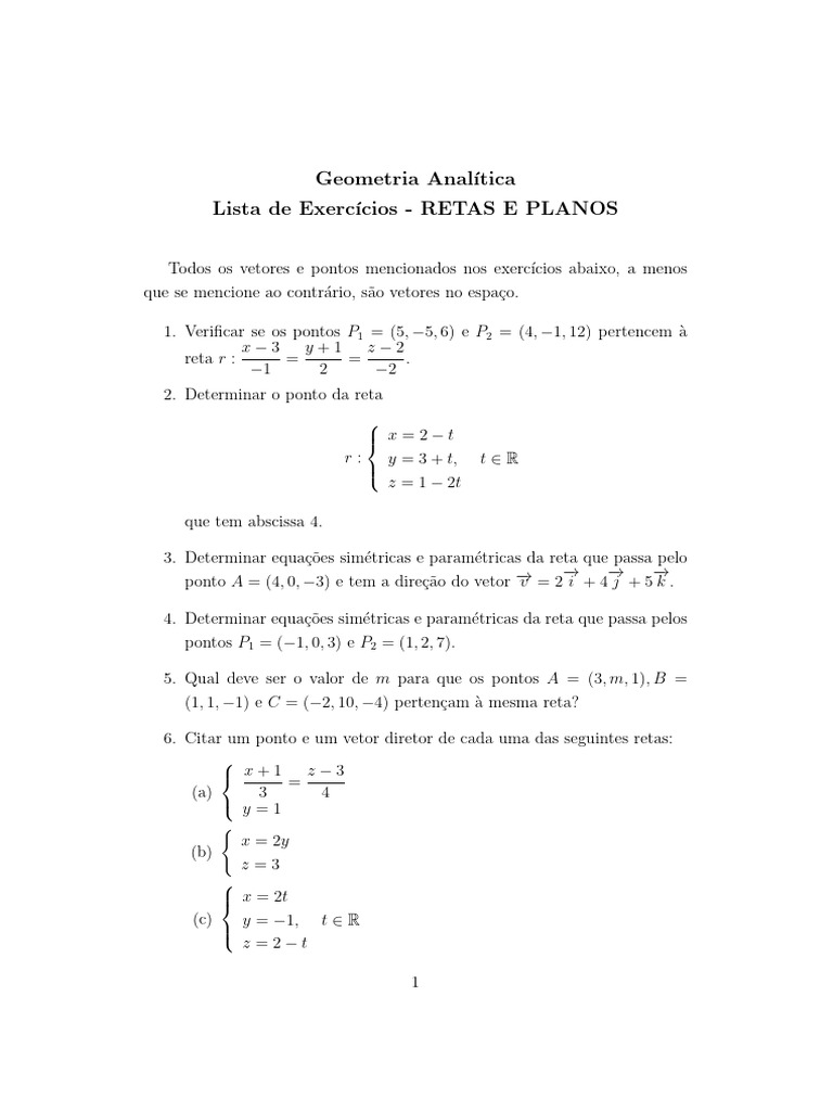 Lista GA - Retas e Planos | PDF