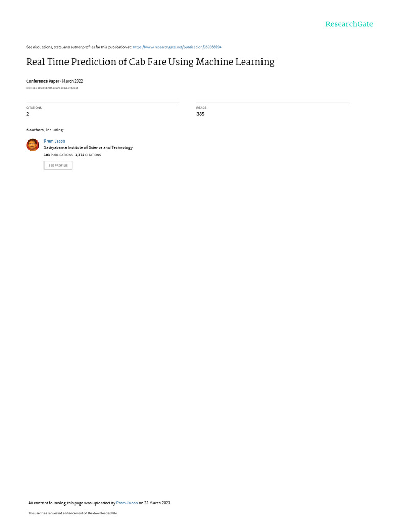 Real Time Prediction of Cab Fare Using Machine Learning | PDF