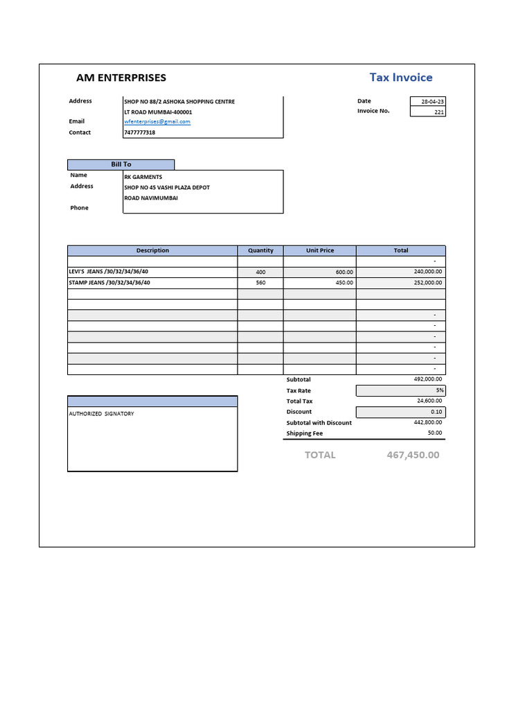 Am Enterprises: Tax Invoice | PDF