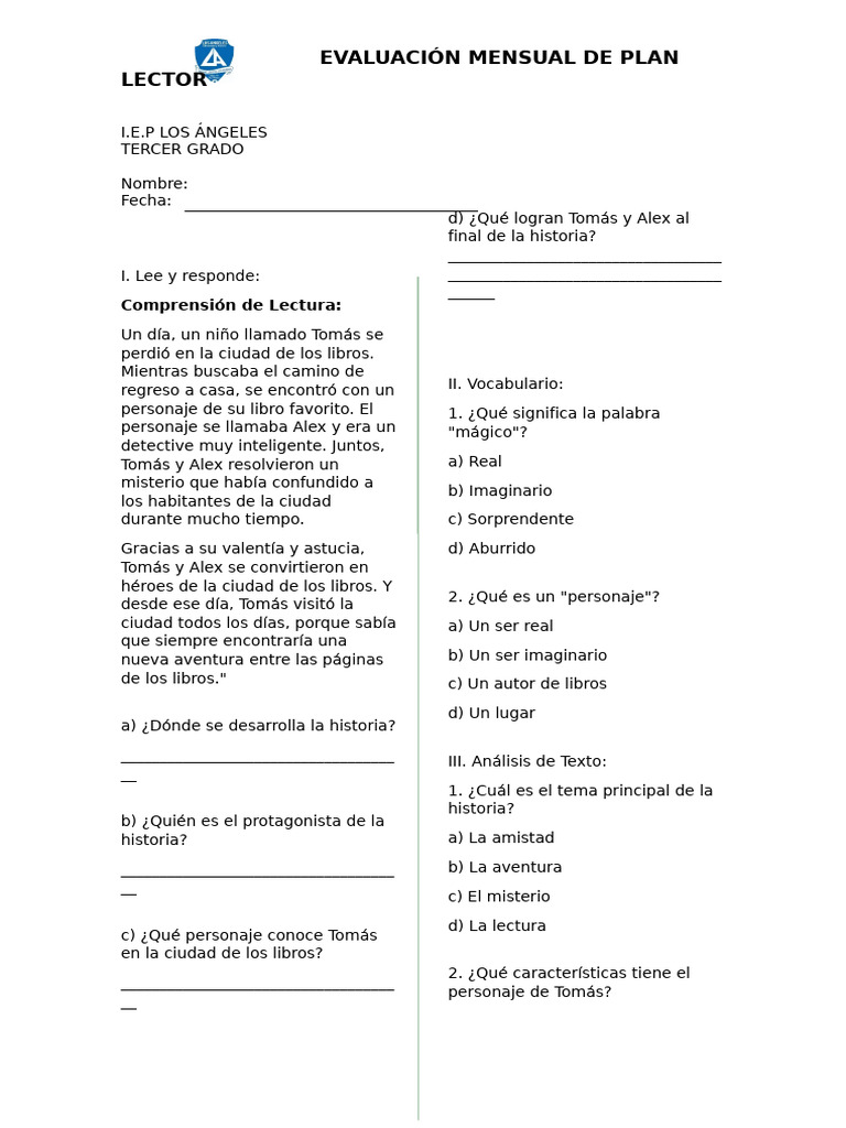 Evaluación Mensual de Plan Lector | PDF