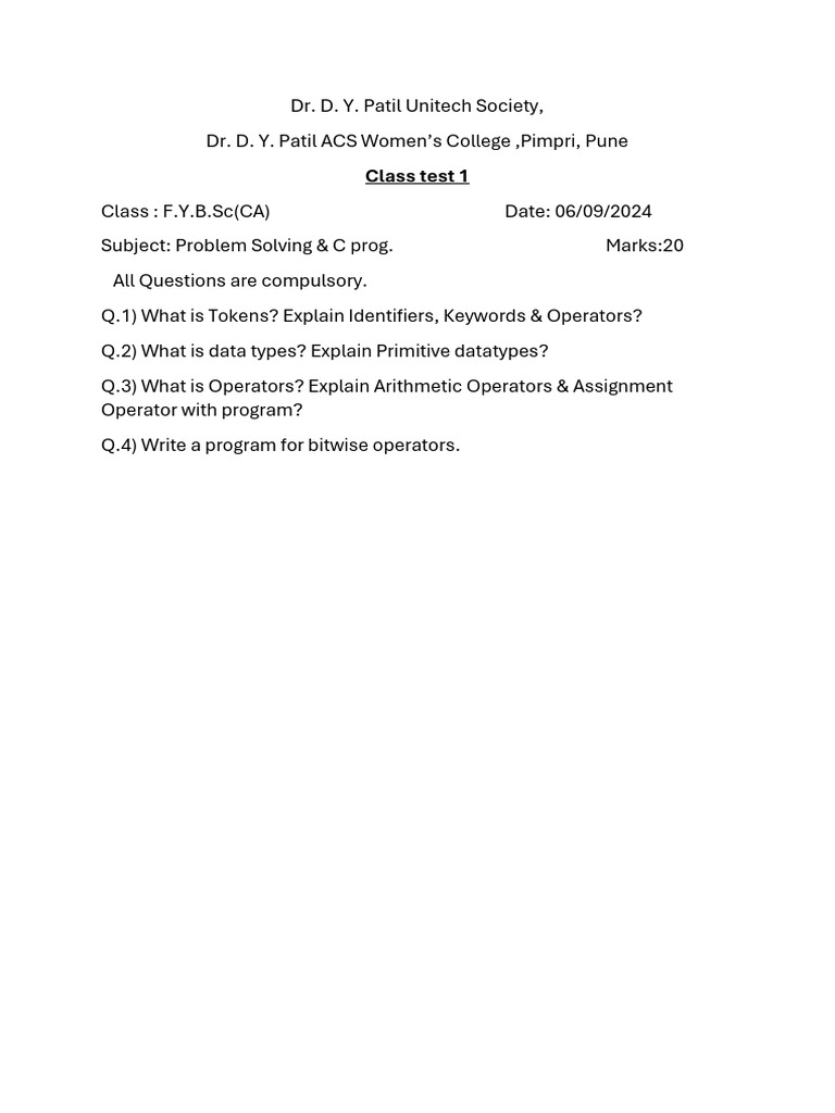 c Programming Class Test. | PDF c Programming Class Test. | PDF