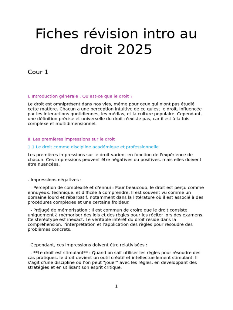 Fiches Révision Intro Au Droit 2025 | PDF