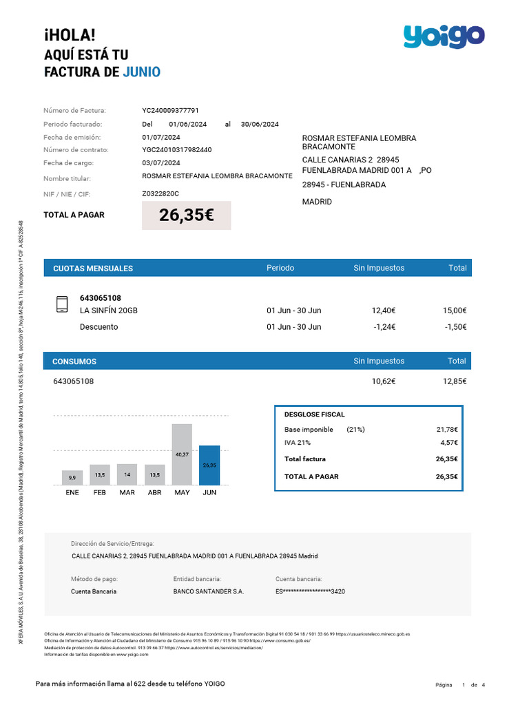 Yoigo Invoice Summary June 2024 | PDF