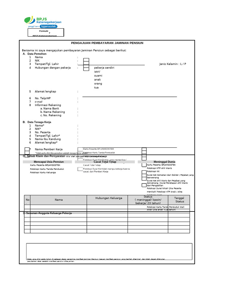 Formulir 7 - Pengajuan Pembayaran Jaminan Pensiun | PDF