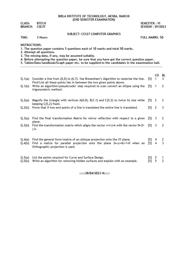 CS327 Computer Graphics Exam Paper | PDF | Matrix (Mathematics ...