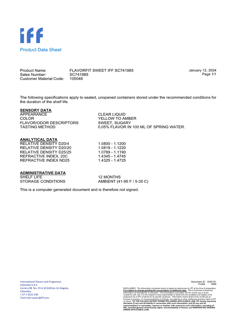 Ficha Técnica - Flavorfit Sweet IFF SC741985 | PDF